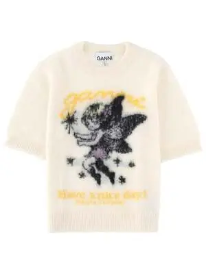 GANNI Short Sleeve Knit Top - White