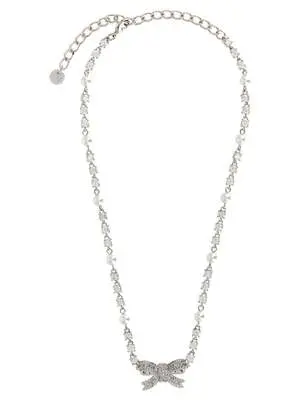 SELF-PORTRAIT Crystal Pearl Bow Necklace - Silver