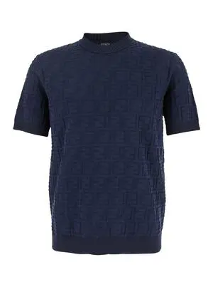 Fendi Blue T-shirt With All-over Ff Logo Embroidery In Cotton For - Multicolor