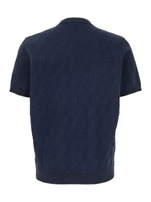 Fendi Blue T-shirt With All-over Ff Logo Embroidery In Cotton For - Multicolor