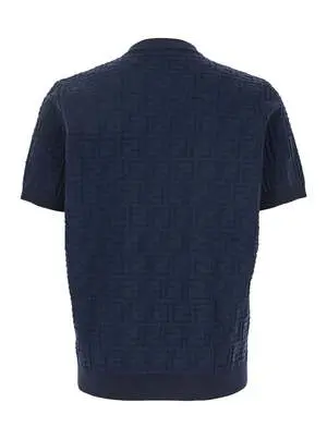 Fendi Blue T-shirt With All-over Ff Logo Embroidery In Cotton For - Multicolor
