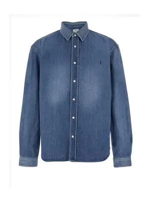 Saint Laurent Blue Denim Long Sleeve Shirt With Front Logo For - Multicolor