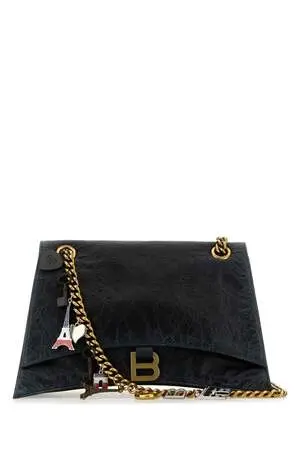 Balenciaga Leather Medium Crush Chain Shoulder Bag - Black