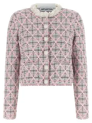 SELF-PORTRAIT Floral Collar Bouclé Cardigan - Pink