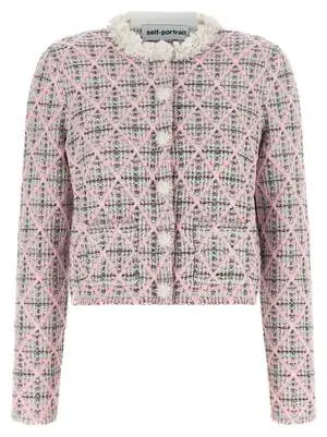 SELF-PORTRAIT Floral Collar Bouclé Cardigan - Pink