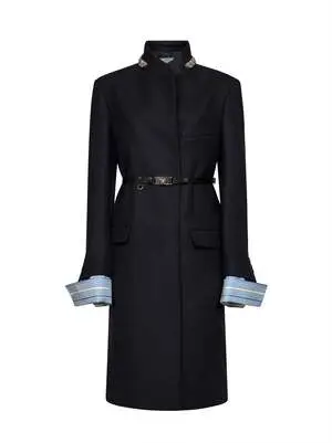 Prada Abbigliamento Blue Virgin Wool Embroidered Belted Coat - Multicolor