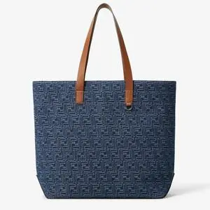 Fendi Medium Shopping Bag In Blue Denim-effect Ff Jacquard