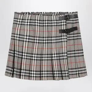 Burberry Grey Wool Kilt Skirt With Check Pattern - Gray