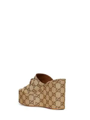 Gucci Beige And Dark Brown Horsebit Wedge Sandals