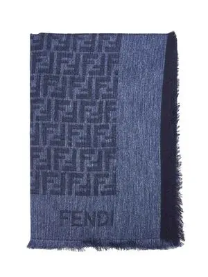 Fendi Silk Denim Blue Cotton And Wool Ff Shawl - Multicolor