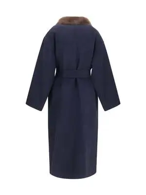 P.a.r.o.s.h Wool Coat With Fur Collar And Belt - Blue