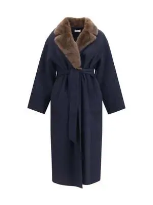 P.a.r.o.s.h Wool Coat With Fur Collar And Belt - Blue