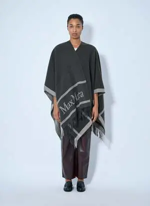 Max Mara Fringed Wrap With Logo Detail - Gray