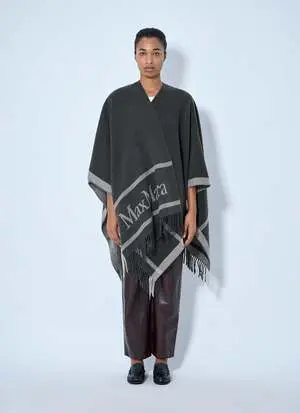 Max Mara Fringed Wrap With Logo Detail - Gray