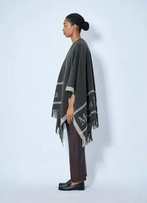 Max Mara Fringed Wrap With Logo Detail - Gray