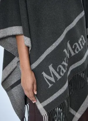 Max Mara Fringed Wrap With Logo Detail - Gray