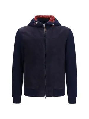 Brunello Cucinelli Suede And English Rib Knit Hooded Jacket - Blue