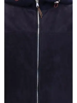 Brunello Cucinelli Suede And English Rib Knit Hooded Jacket - Blue