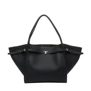 TOD'S Medium Leather Shopping Bag With T Timeless Logo - Black