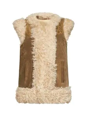 Etro Camel Shearling Vest With Peacock Embroidery - Multicolor