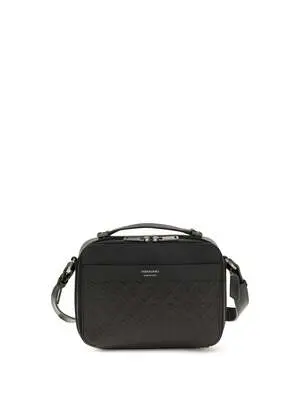 FERRAGAMO Leather Crossbody Bag With Embossed Gancini Pattern - Black