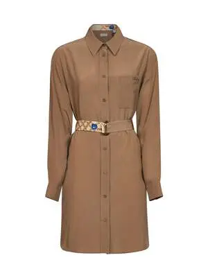 Burberry Camel Silk Belted Shirt Dress - Multicolor