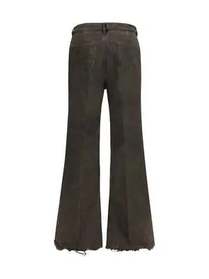 Rick Owens Flared Frayed Hem Cotton Jeans