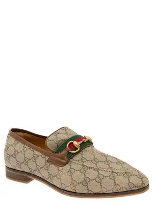 Gucci Paride' Beige Loafers With Horsebit And Web Detail In Gg Supreme Canvas - Multicolor