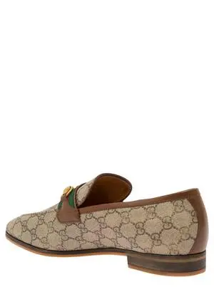 Gucci Paride' Beige Loafers With Horsebit And Web Detail In Gg Supreme Canvas - Multicolor