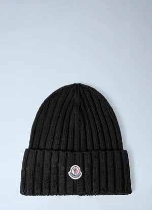 Moncler Logo Patch Beanie Hat - Black