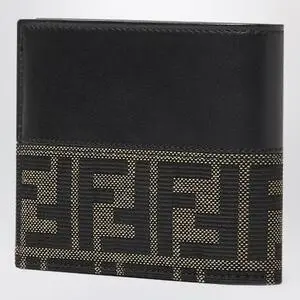 Fendi Ff Zucca Jacquard And Brown Leather Bi-fold Wallet - Black