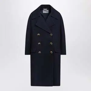 Balenciaga Long Navy Textured Wool Pea Coat