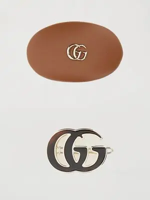 Gucci Set Of 2 Metal And Leather Hair Clips - Brown