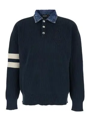 Dsquared2 Blue Sweater With Denim Collar And Logo Embroidery On Front In Cotton Blend For - Multicolor
