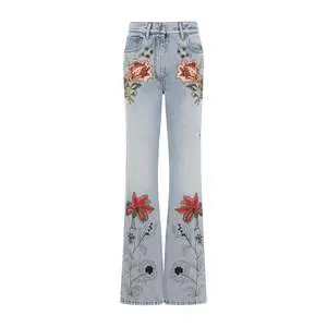 Valentino Garavani Denim 5 Pockets Embroidered Flowers Jeans - Blue