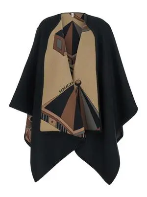 FERRAGAMO Black Reversible Cape With Nadir Print And Logo Lettering On The Front In Cashmere And Wool For - Multicolor