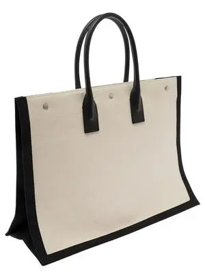 Saint Laurent Big Rive Gauche' Beige Tote Bag With Contrasting Logo Print In Cotton And Linen - Cream