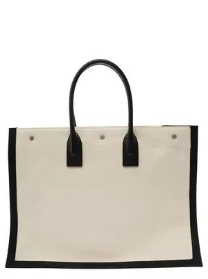 Saint Laurent Big Rive Gauche' Beige Tote Bag With Contrasting Logo Print In Cotton And Linen - Cream