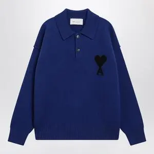 AMI Paris Electric De Coeur Polo Sweater In Wool - Blue