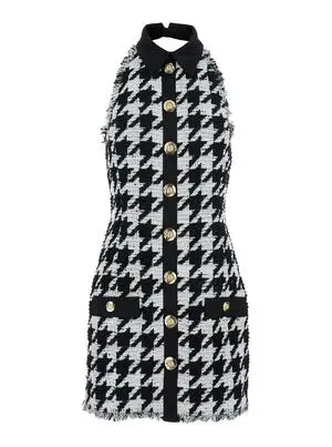 Balmain Black And White Halterneck Mini Dress With Houndstooth Motif In Tweed And Satin - Multicolor