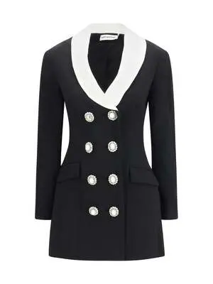 SELF-PORTRAIT Long Double-breasted Blazer With Contrast Neckline - Black