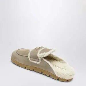 Prada Suede And Shearling Mules In Desert