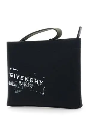Givenchy Black Pouch With Top Handle And Logo Print On Front In Cotton For