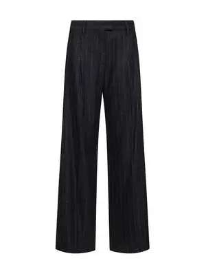 Brunello Cucinelli Anthracite Sequin Pinstriped Wool Blend Loose Pleated Trousers - Multicolor