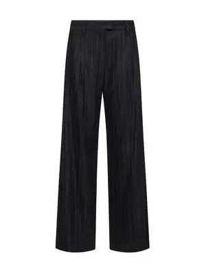 Brunello Cucinelli Anthracite Sequin Pinstriped Wool Blend Loose Pleated Trousers - Multicolor