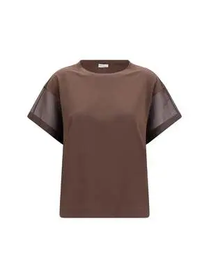 Brunello Cucinelli Cotton T-shirt With Sheer Sleeves And Side Panels - Brown