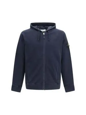 Stone Island Cotton Hoodie With Zip And Compass Logo - Blue
