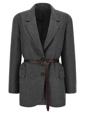 Brunello Cucinelli Brunello Cucinelli Mélange Virgin Wool And Cashmere Belted Blazer Gray
