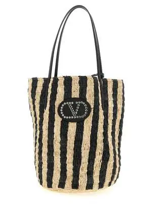 Valentino Garavani Striped Raffia Shopper Bag - Black