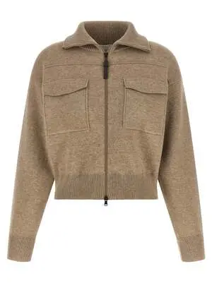 Brunello Cucinelli Shiny Zipper Pull' Wool Cardigan - Cream